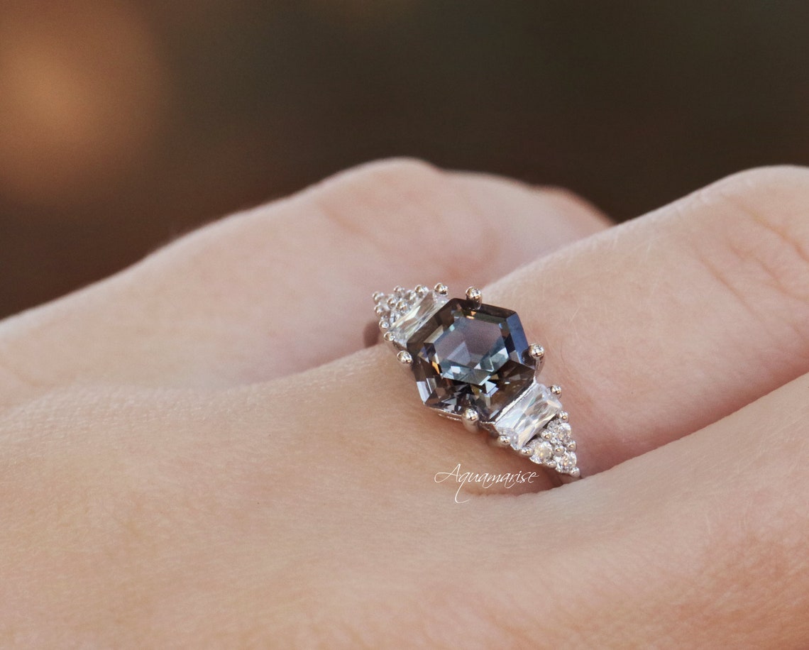 Gray Diamond Ring Sterling Silver Ring Hexagon Gray Gemstone - Etsy