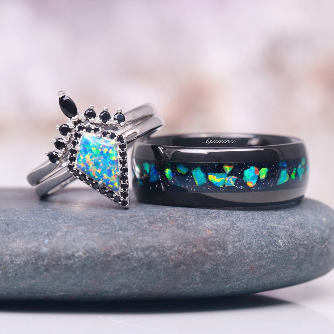 Galaxy Green Fire Opal & Starry Night Couples Ring Set- His and Hers ...