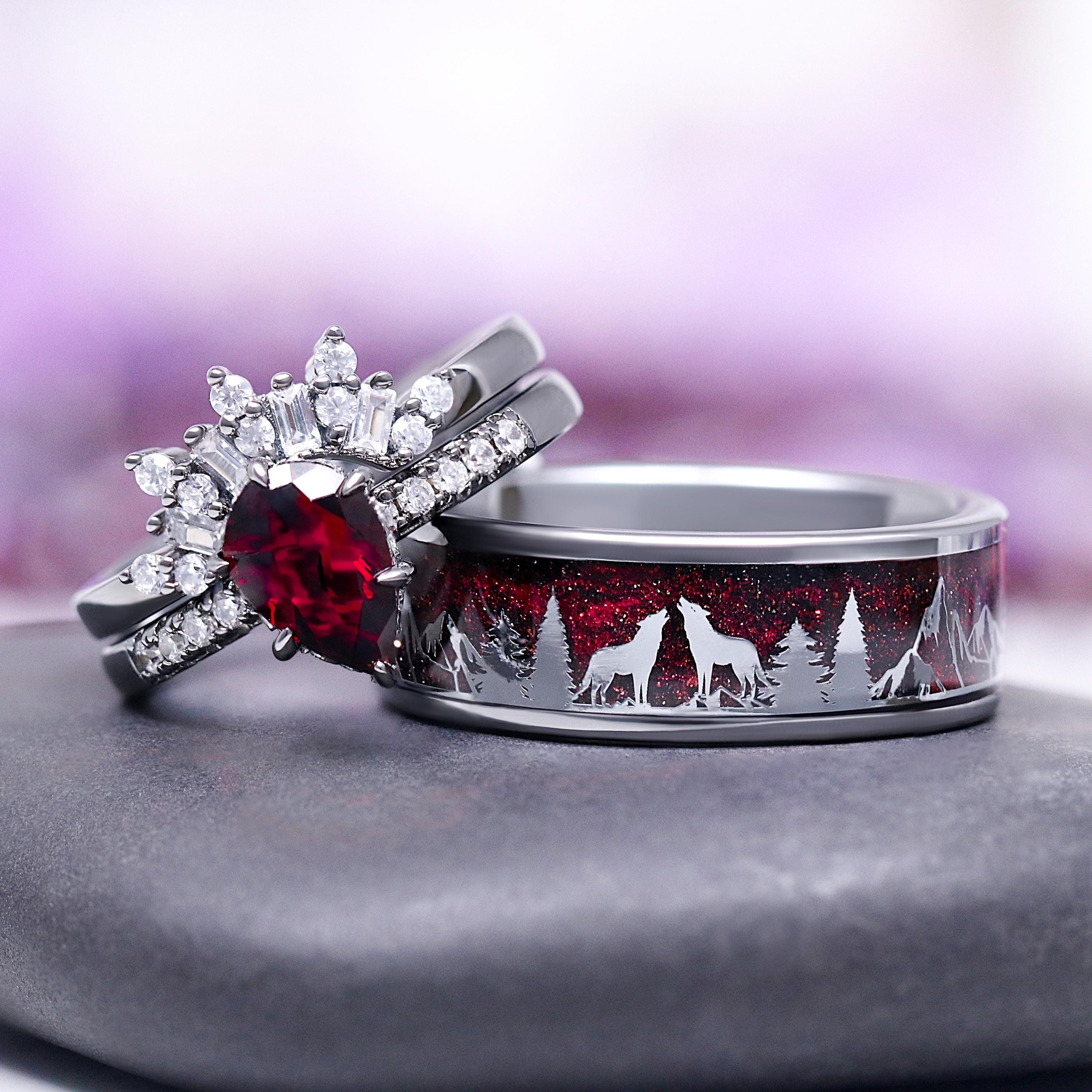 Starry Night Men's Wedding Band- Trees & Wolfs Tungsten Carbide Galaxy ...