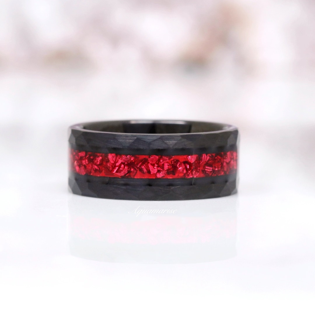Crushed Red Garnet Men's Black Wedding Band- Tungsten Carbide Hammered ...