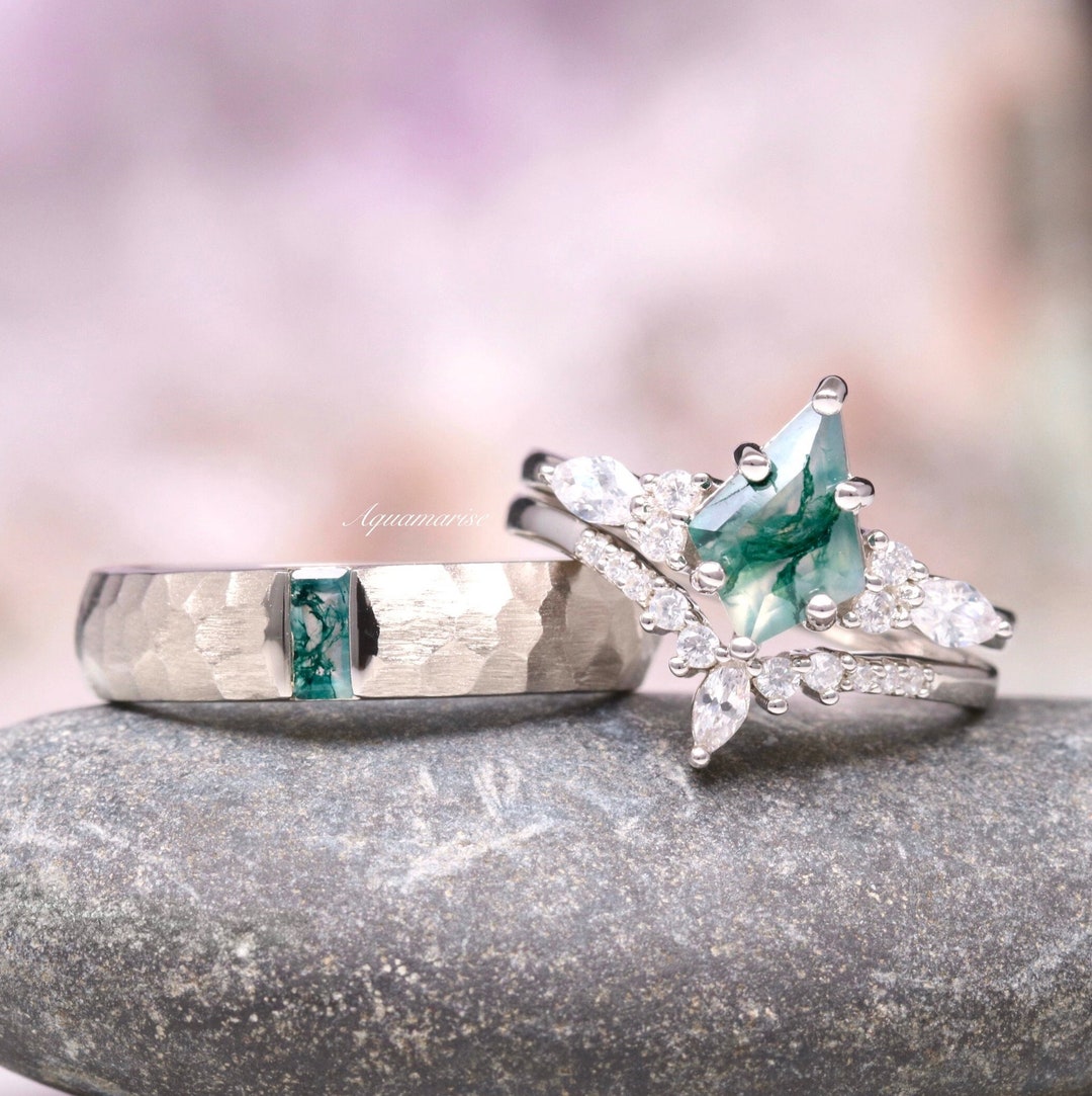 Kite Green Moss Agate Ring Set for Couples- His and Hers Wedding Band ...