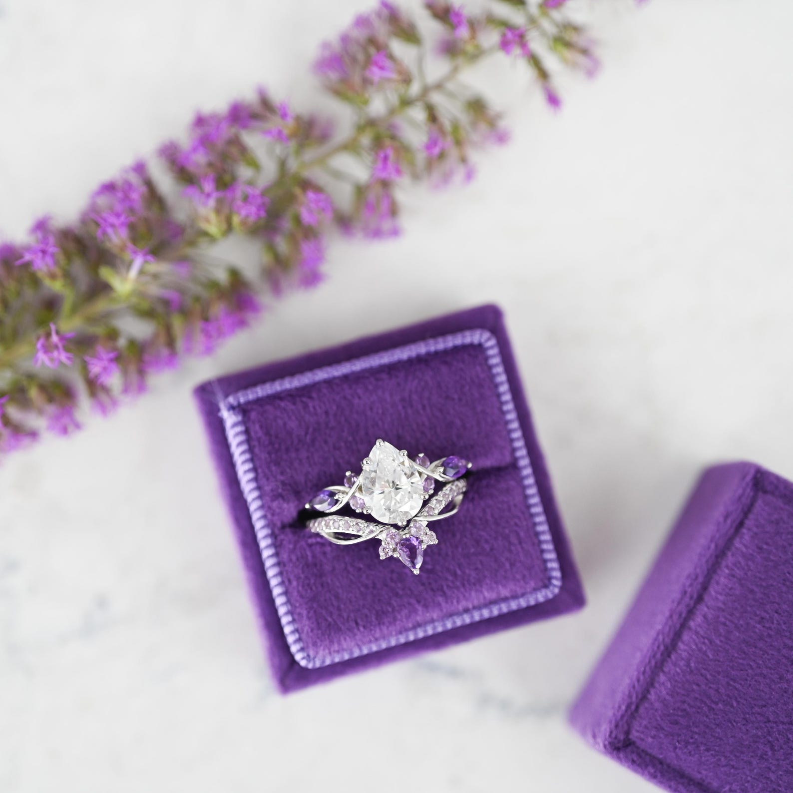Feyra Amethyst & Diamond Engagement Ring Set- 925 Sterling Silver Leaf ...