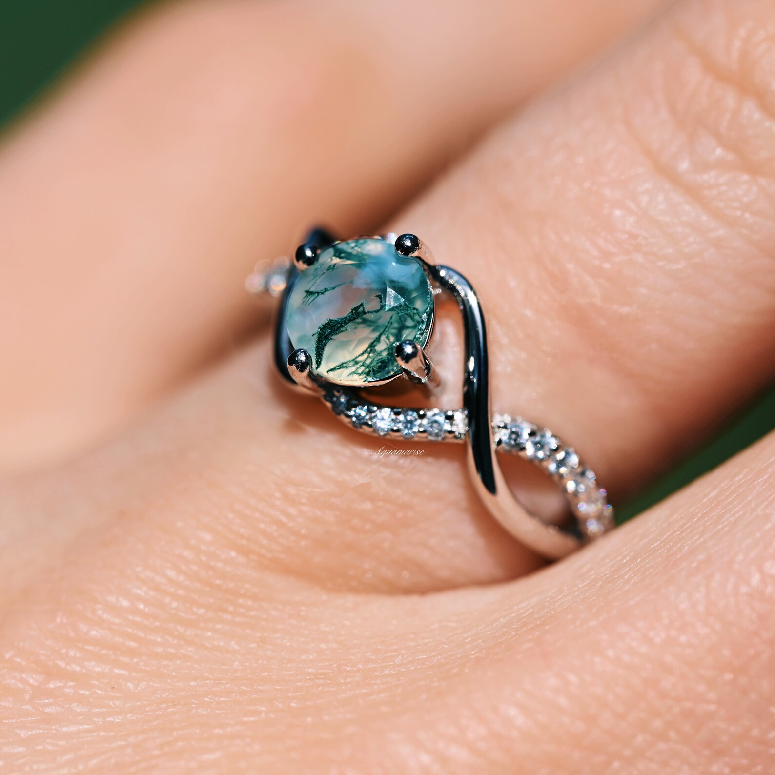 Natural Green Moss Agate Ring Sterling Silver Aquatic Agate Engagement ...