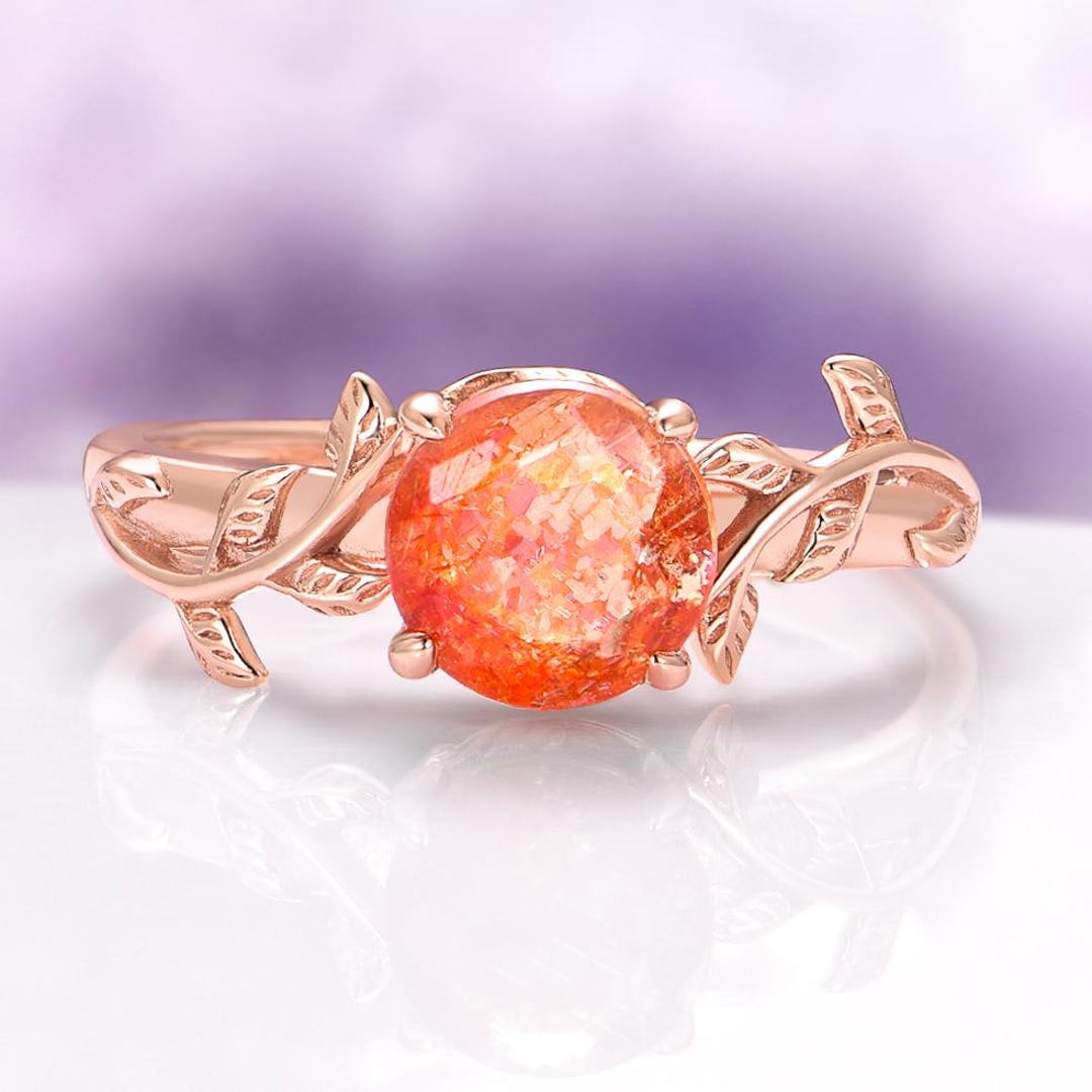 Natural Sunstone Leaf Ring- 14K Rose Gold Vermeil- Round Orange Unique ...