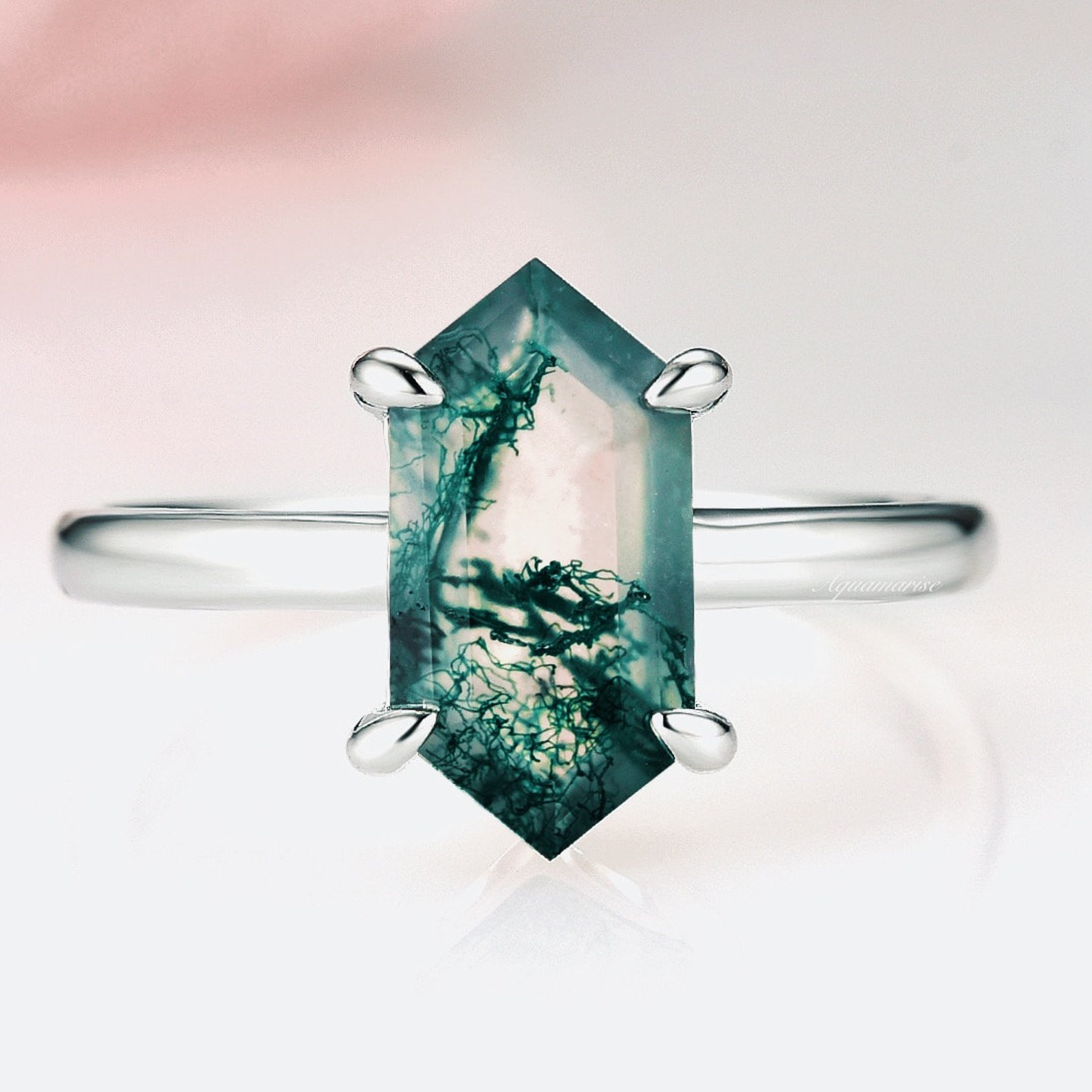 Hexagon Natural Green Moss Agate Ring- Sterling Silver Aquatic Agate ...