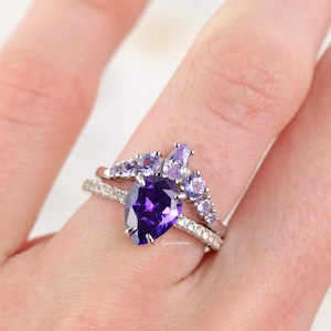 Teardrop Amethyst Ring Set- Sterling Silver Amethyst Engagement Ring ...