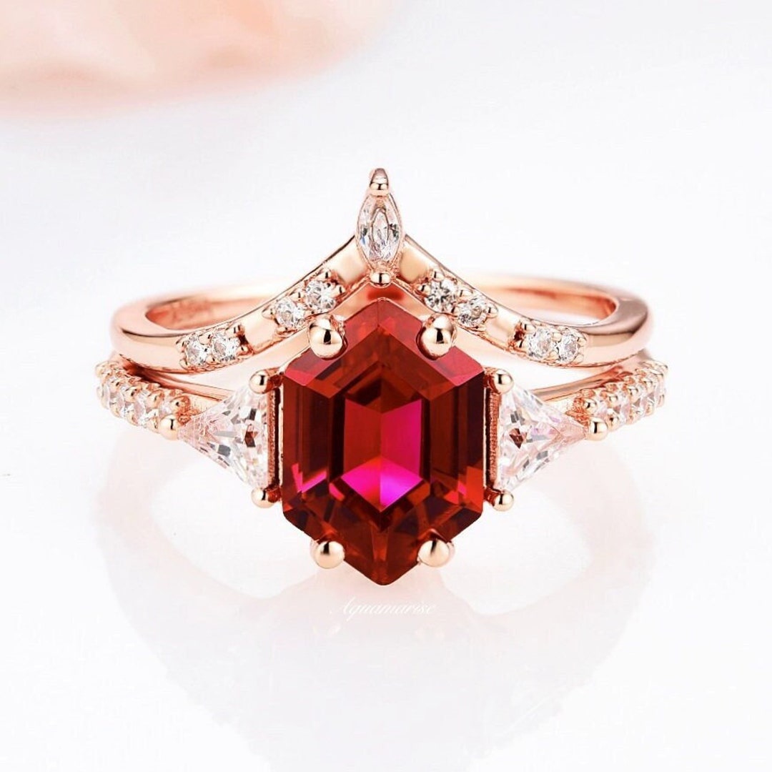 Hexagon Ruby Ring Set for Women- 14K Rose Gold Vermeil Gemstone ...