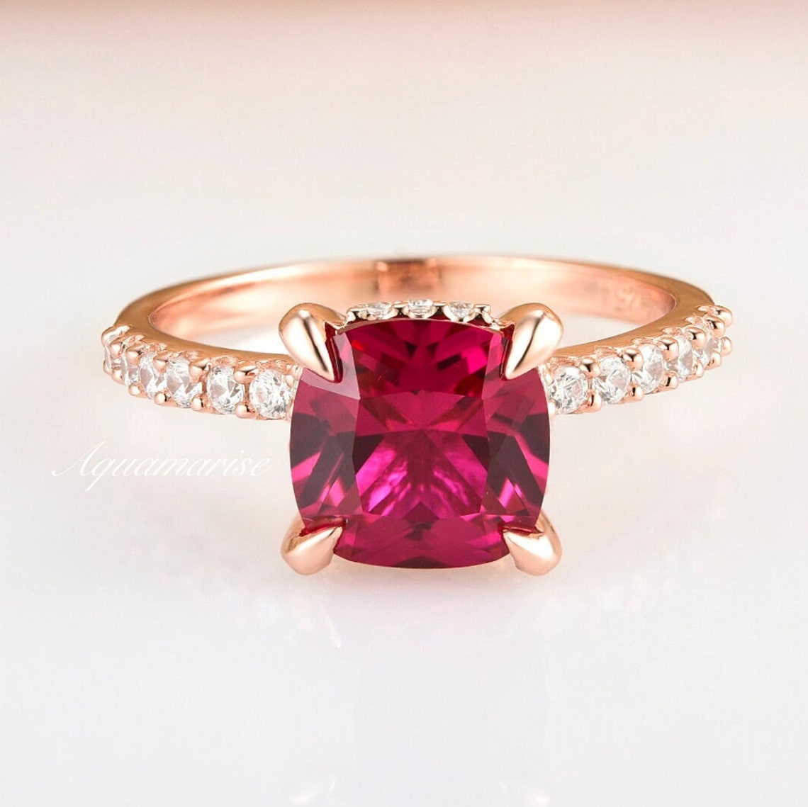 Cushion Cut Ruby Ring 14K Rose Gold Vermeil Ring Genuine - Etsy