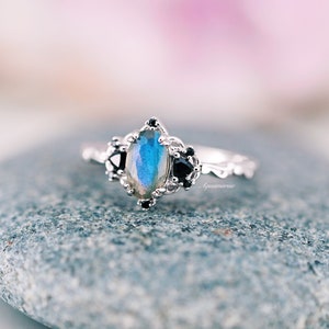 Esme Labradorite & Black Diamond Ring- 925 Sterling Silver Vintage ...