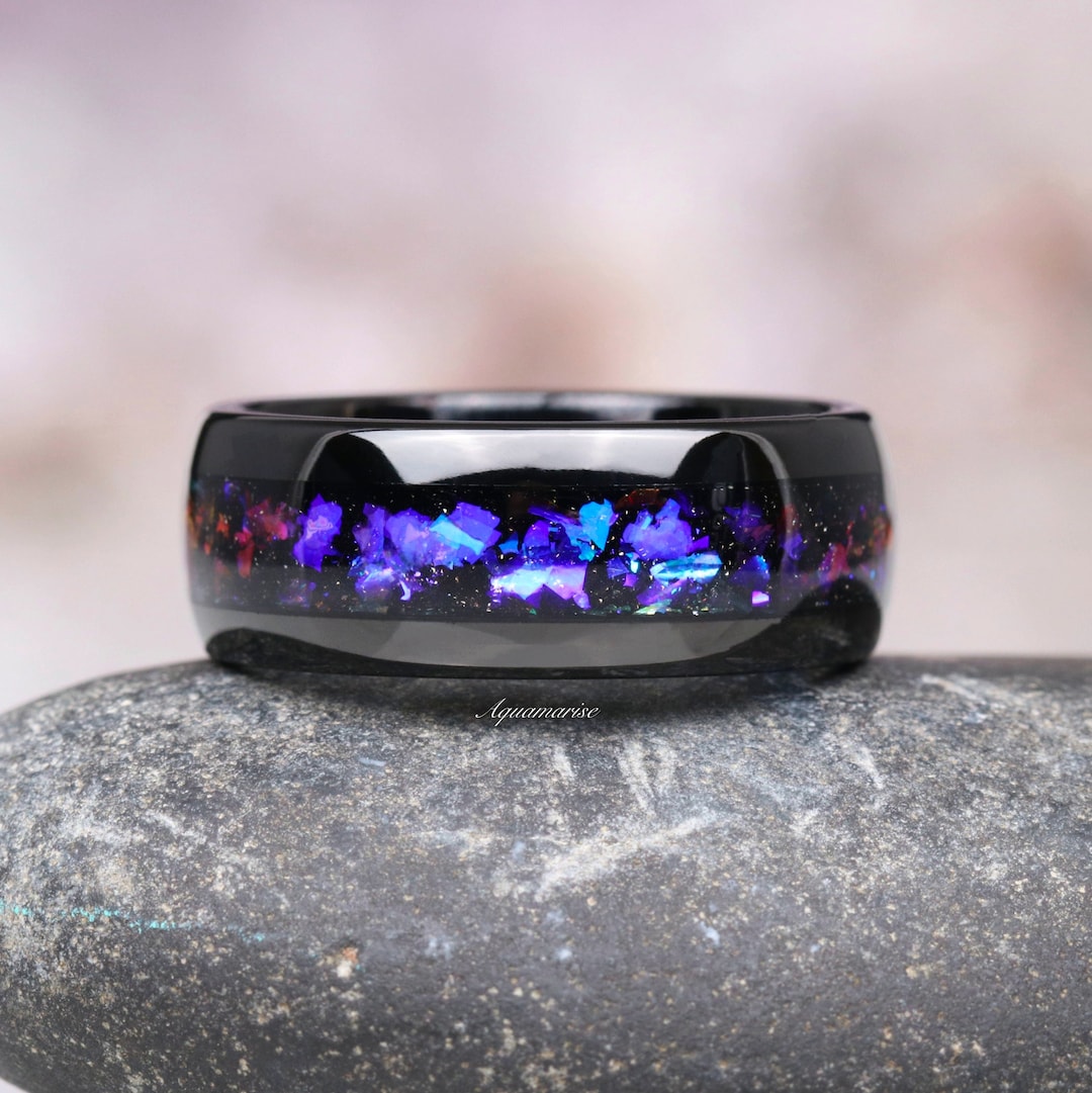 Orion Nebula Men's Wedding Band- Crushed Fire Opal & Galaxy Sandstone ...