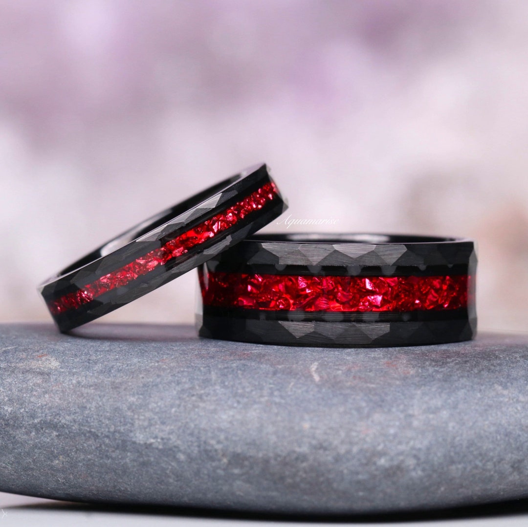 Crushed Red Garnet Couples Ring Set- His and Hers Matching Wedding Band ...