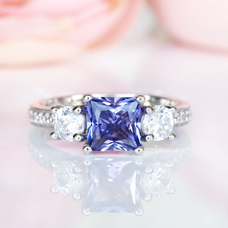 Princess Cut Tanzanite Ring- Sterling Silver Purple Gemstone Engagement ...