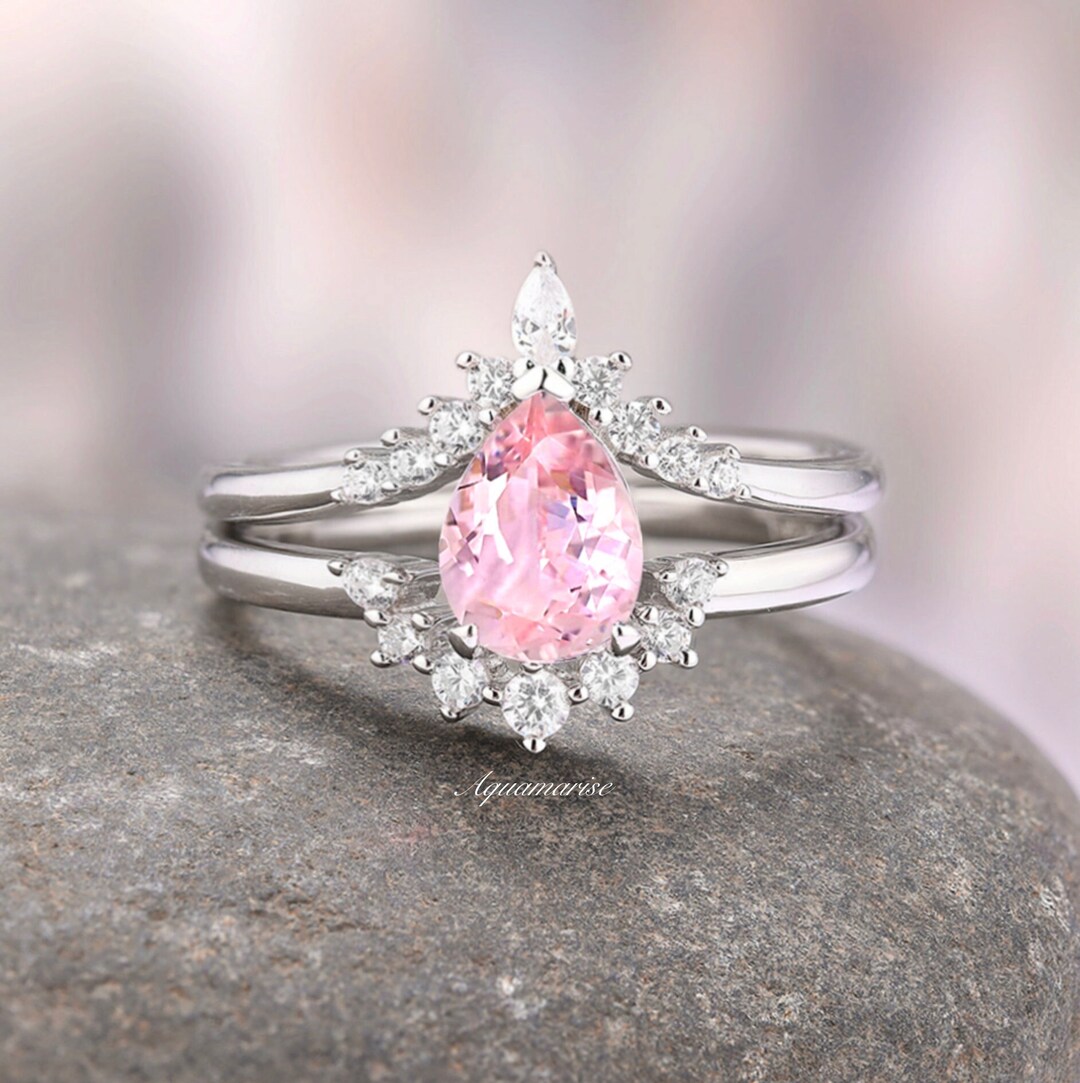 Teardrop Pink Tourmaline Ring Set- Sterling Silver Unique Engagement ...