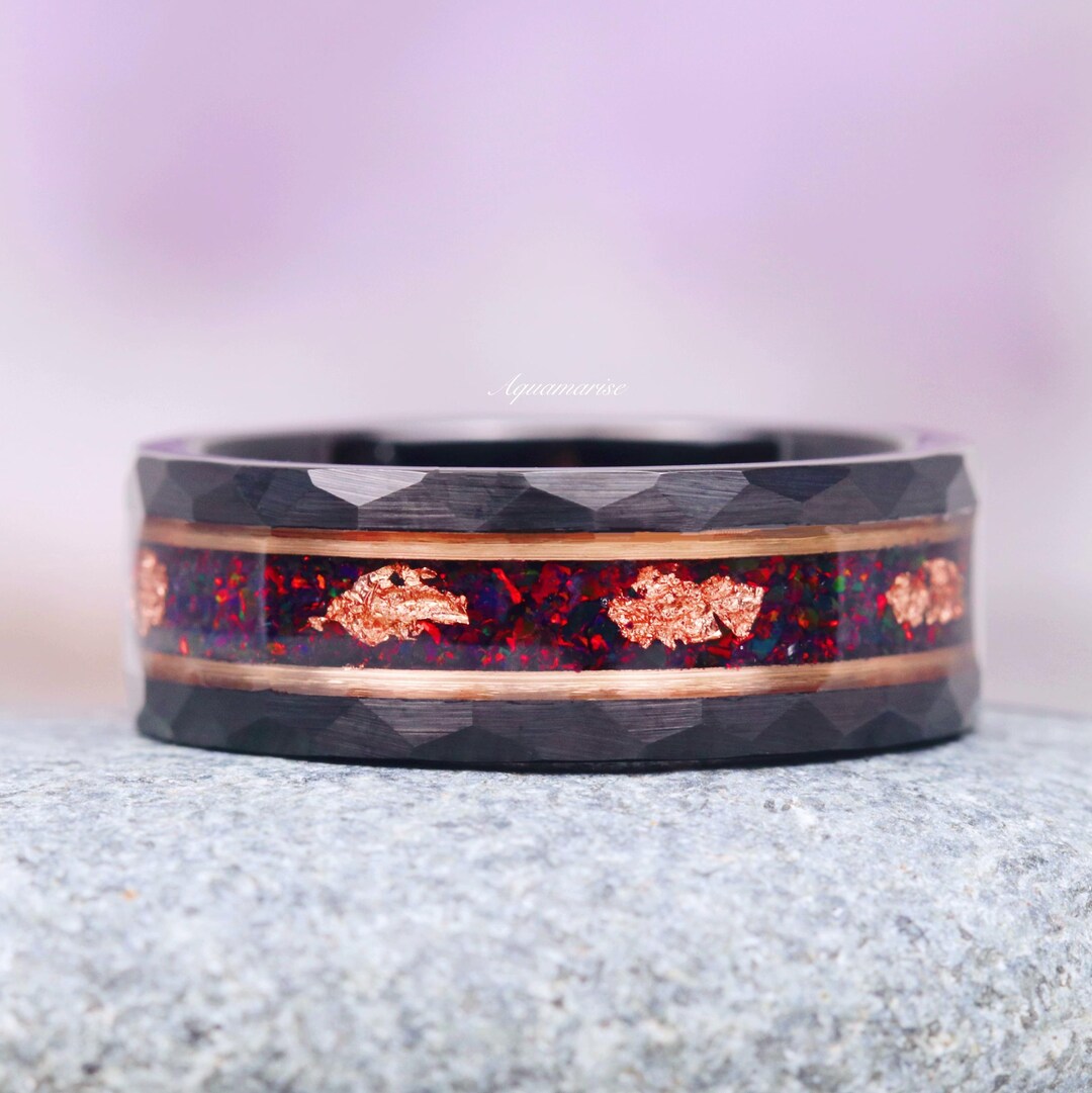 Galaxy Black Fire Opal & Rose Gold Leaf Men's Wedding Band- Crushed ...