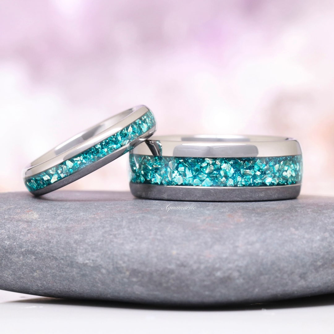 Crushed Aquamarine Couples Ring Set- His and Hers Matching Wedding Band ...