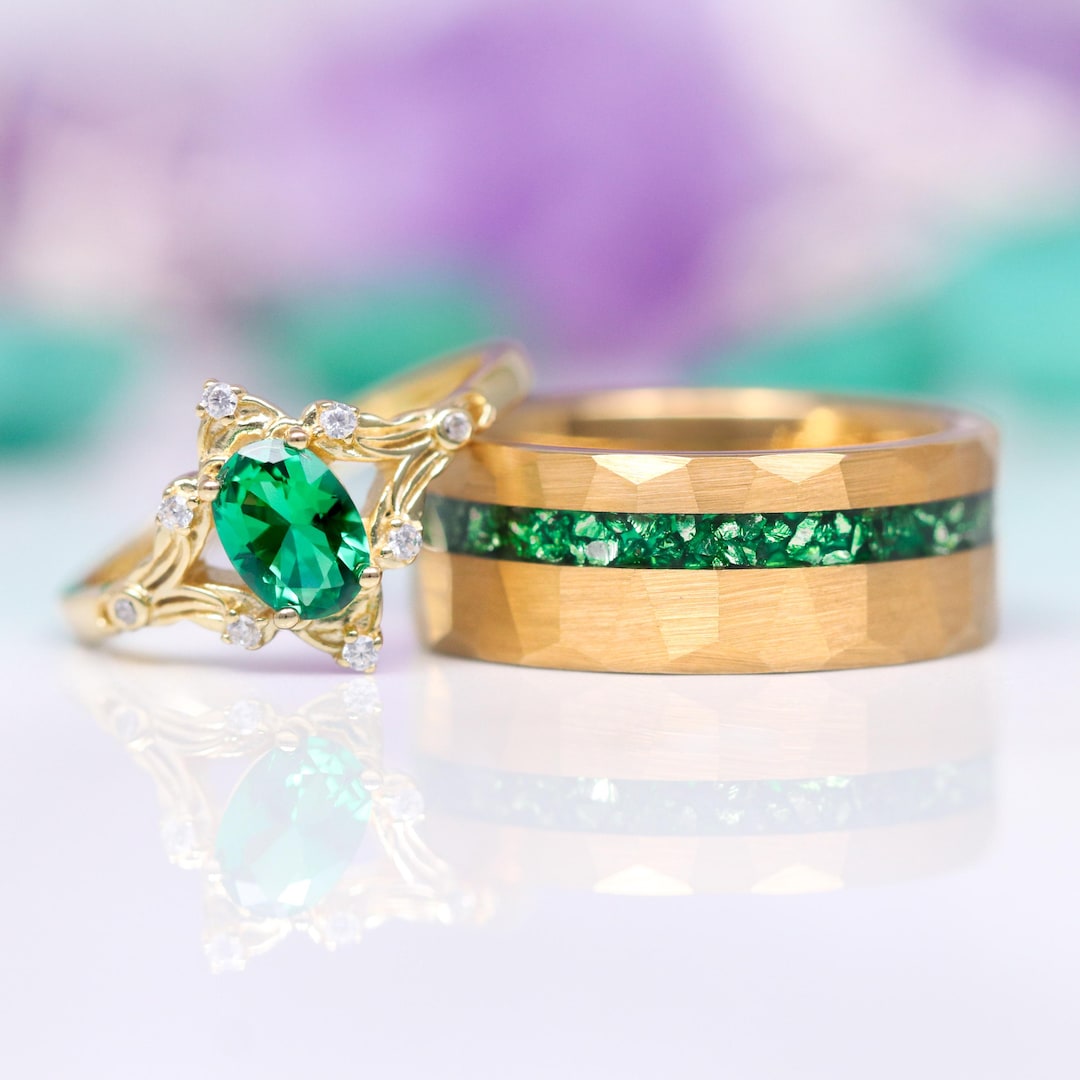 Maeve Emerald Couples Ring Set- His and Hers Matching Wedding Bands ...