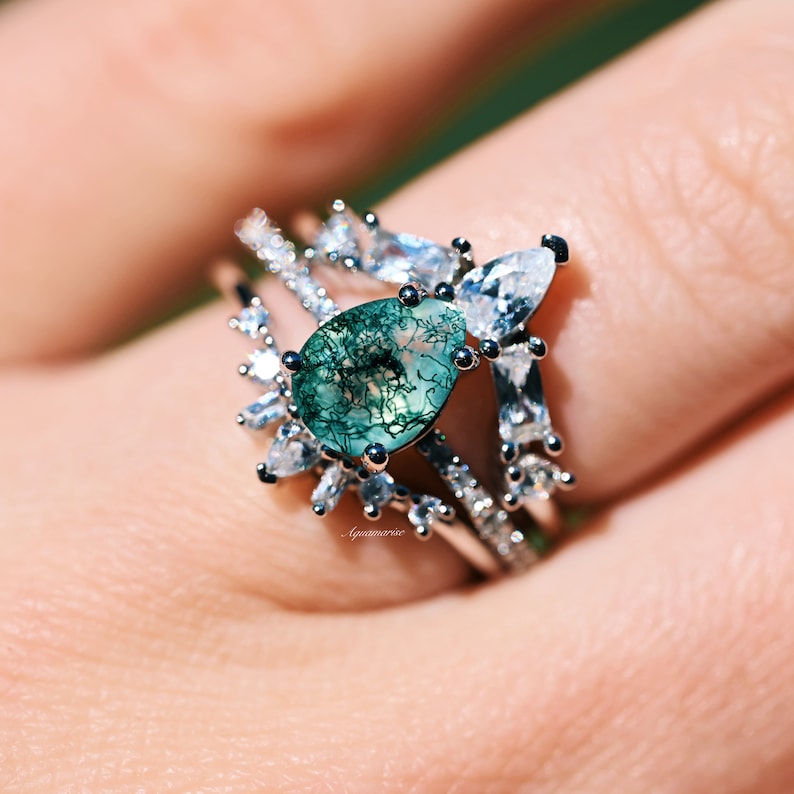 Natural Green Moss Agate Ring Set Sterling Silver Aquatic - Etsy
