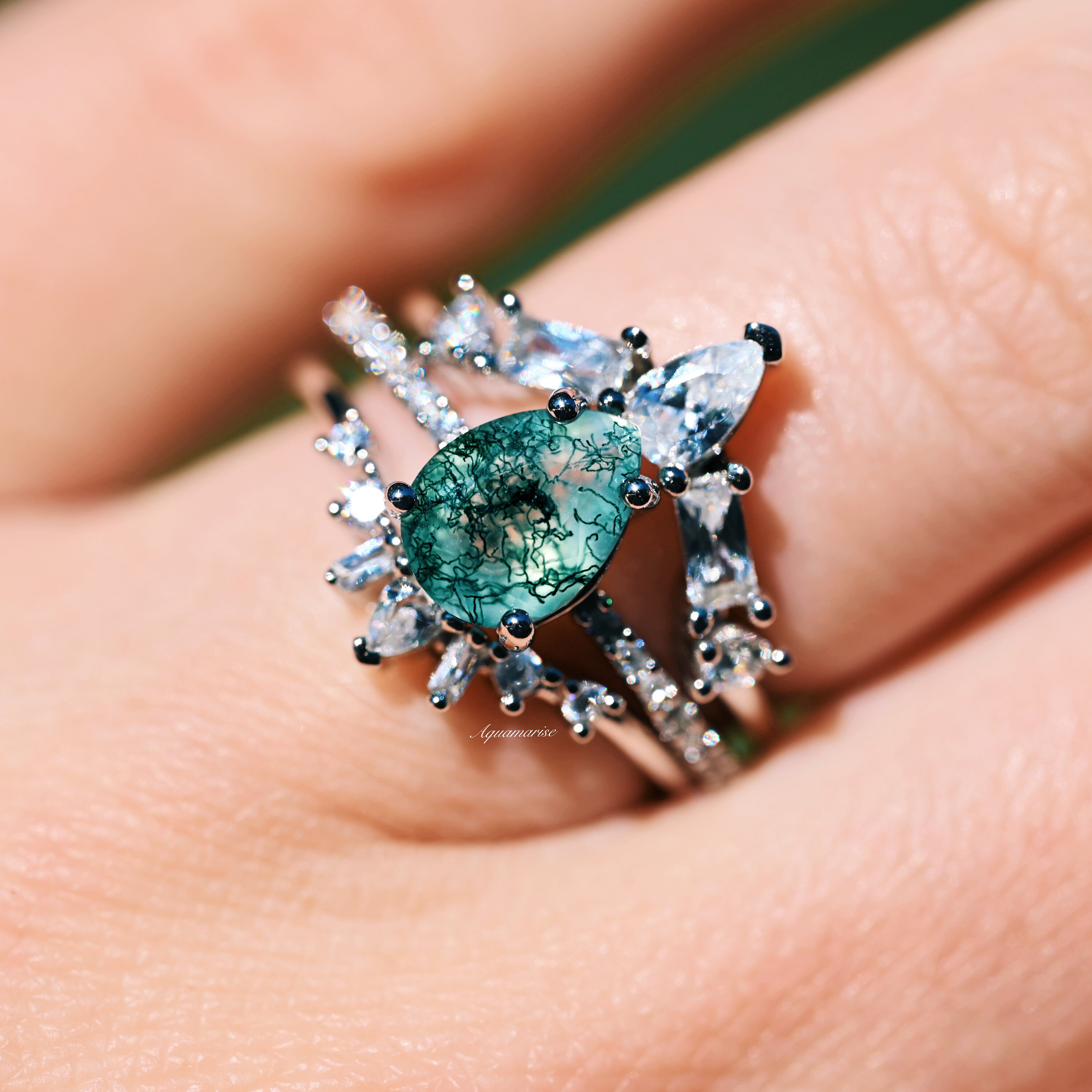 Natural Green Moss Agate Ring Set Sterling Silver Aquatic - Etsy