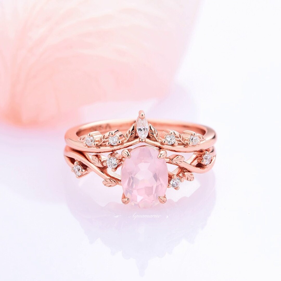 Natural Rose Quartz Ring Set Leaf Wedding Ring Set 14K Rose Gold ...