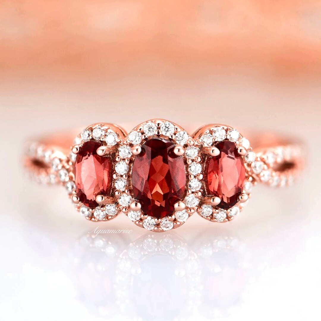 Natural Red Garnet Ring- 14K Rose Gold Vermeil 3 Stone Gemstone ...