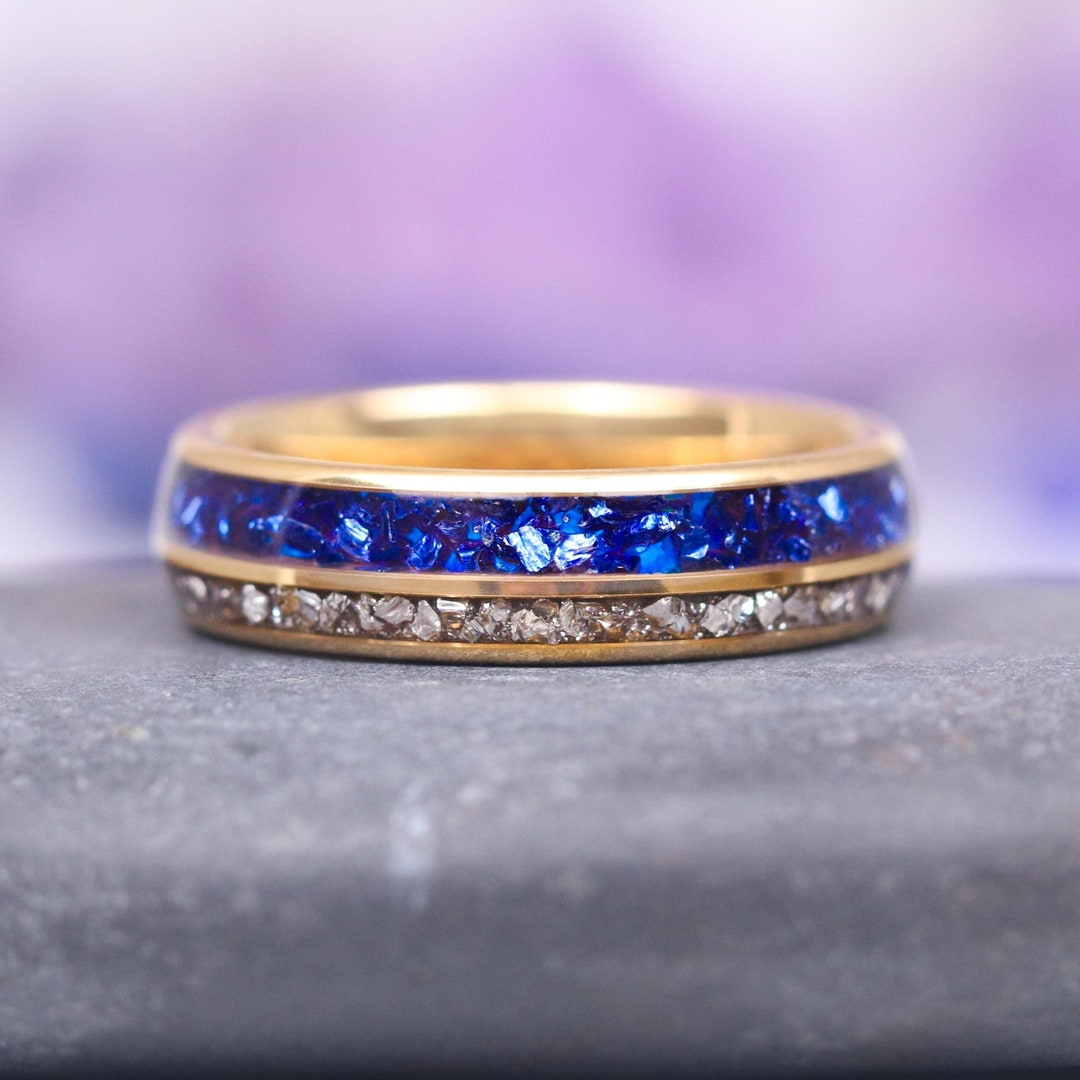 Blue Sapphire & Crushed Diamond Mens Wedding Band- 6mm Yellow Gold ...