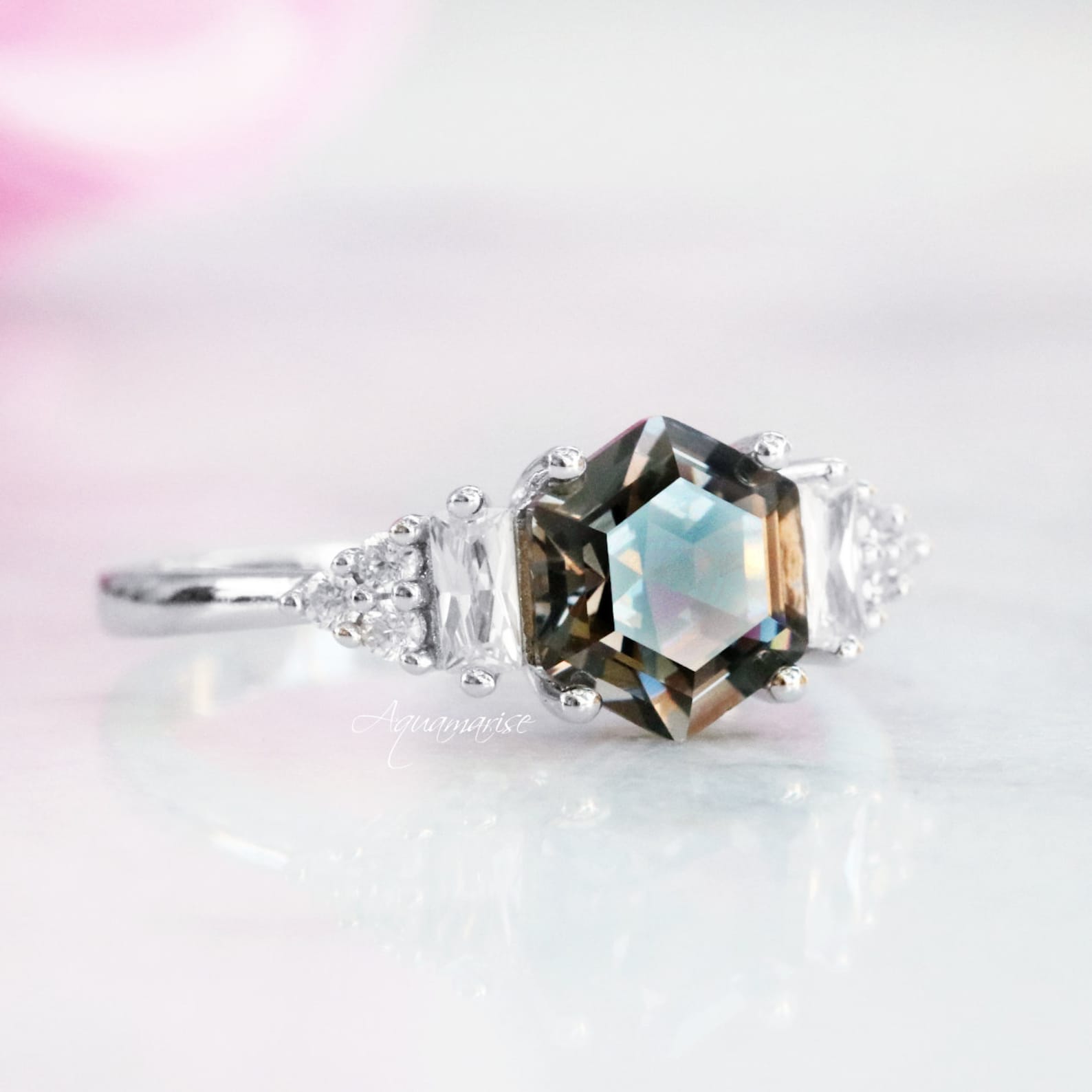 Gray Diamond Ring Sterling Silver Ring Hexagon Gray Gemstone | Etsy