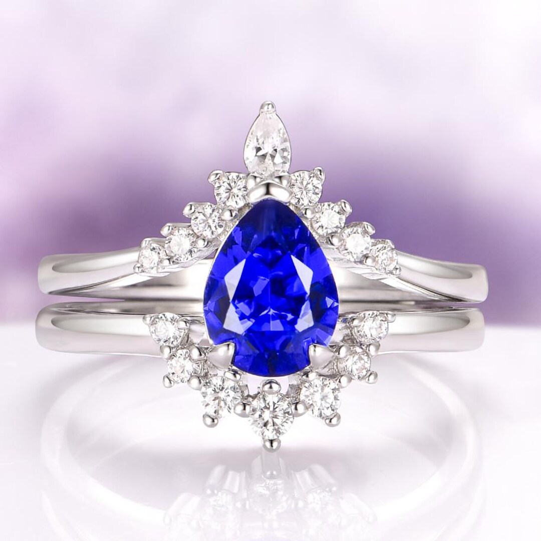 Teardrop Blue Sapphire Engagement Ring Set in 925 Sterling Silver ...