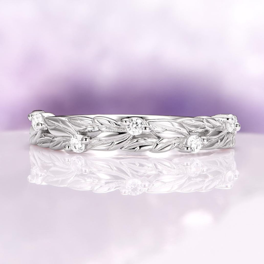 Diamond Leaf Wedding Band- 925 Sterling Silver Nature Inspired Fairy ...