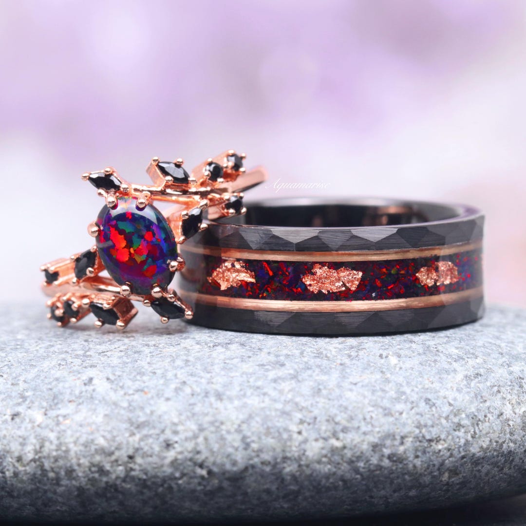 Black Fire Opal & Rose Gold Leaf Couples Ring Set- His and Hers ...