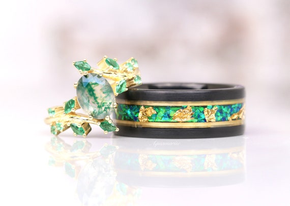 Green Moss Agate Fire Opal Gold Leaf Ring Set His and Hers Wedding Band Gold Ring Set Matching Nature Couples Unique Vintage Promise Ring Etsy