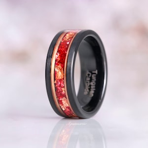 Skye Rose Gold Ruby Leaf Couples Ring Set- His and Hers Matching Wedding Band Red Ruby & Black ...