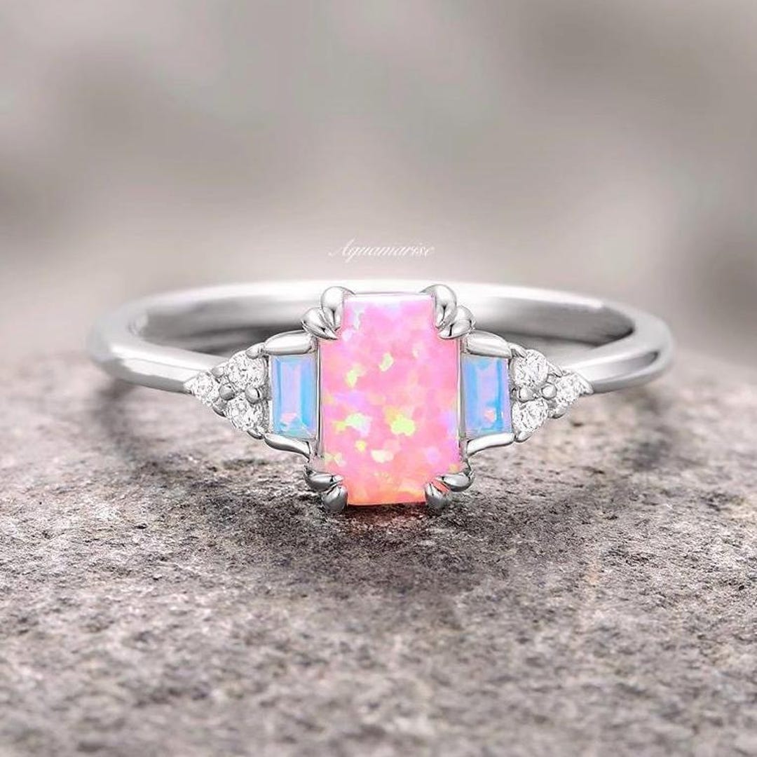 Pink Fire Opal & Opalescent Sapphire Ring- 925 Sterling Silver ...