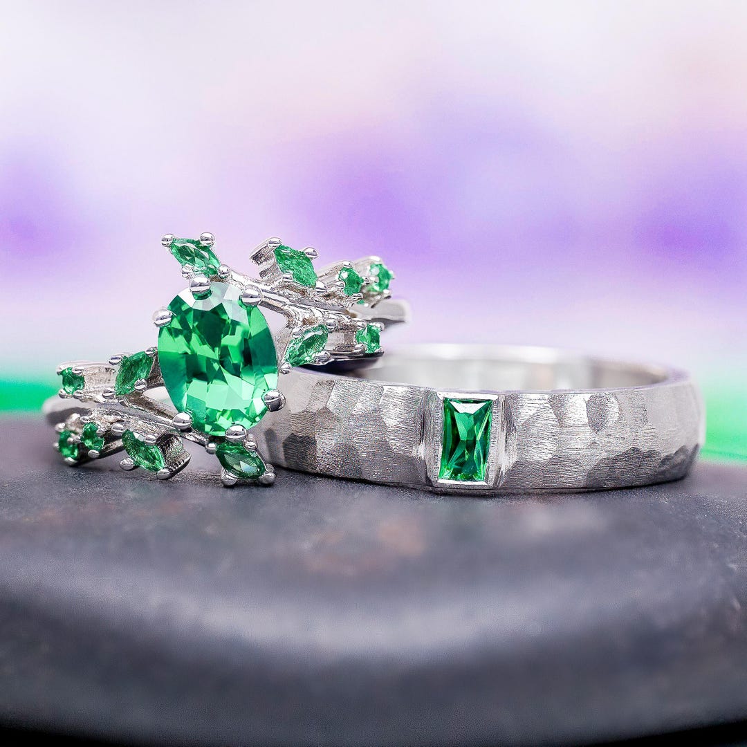 Emerald Green Couples Ring Set- His and Hers Leaf Wedding Band ...