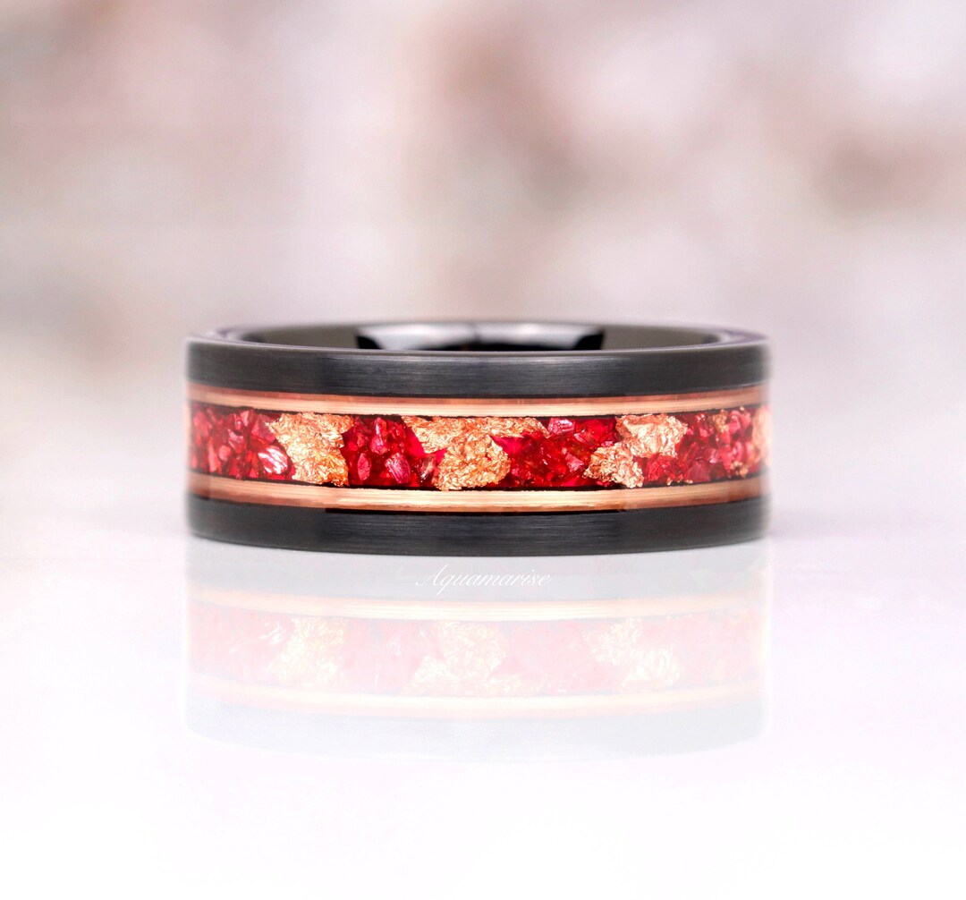 Rose Gold Leaf Ruby Ring Black and Rose Gold Two Tone Mens Wedding Band ...