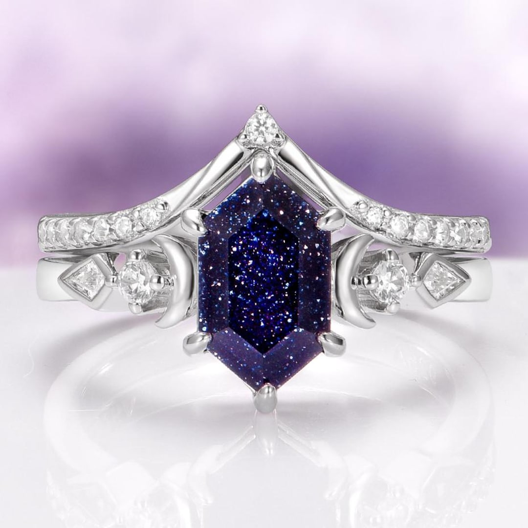 Starry Night Crescent Moon Engagement Ring Set in 925 Sterling Silver ...