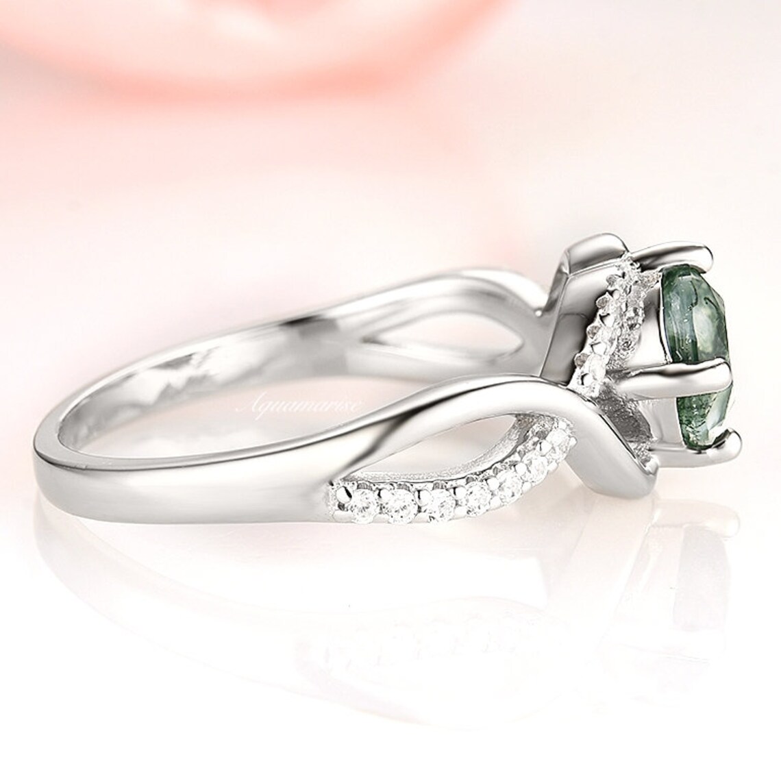 Natural Green Moss Agate Ring Sterling Silver Aquatic Agate Engagement ...