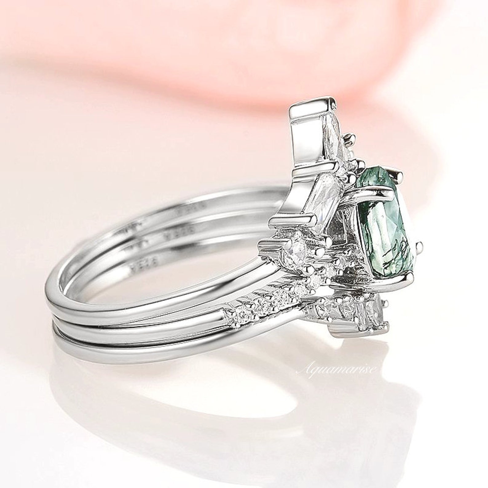 Natural Green Moss Agate Ring Set Sterling Silver Aquatic - Etsy