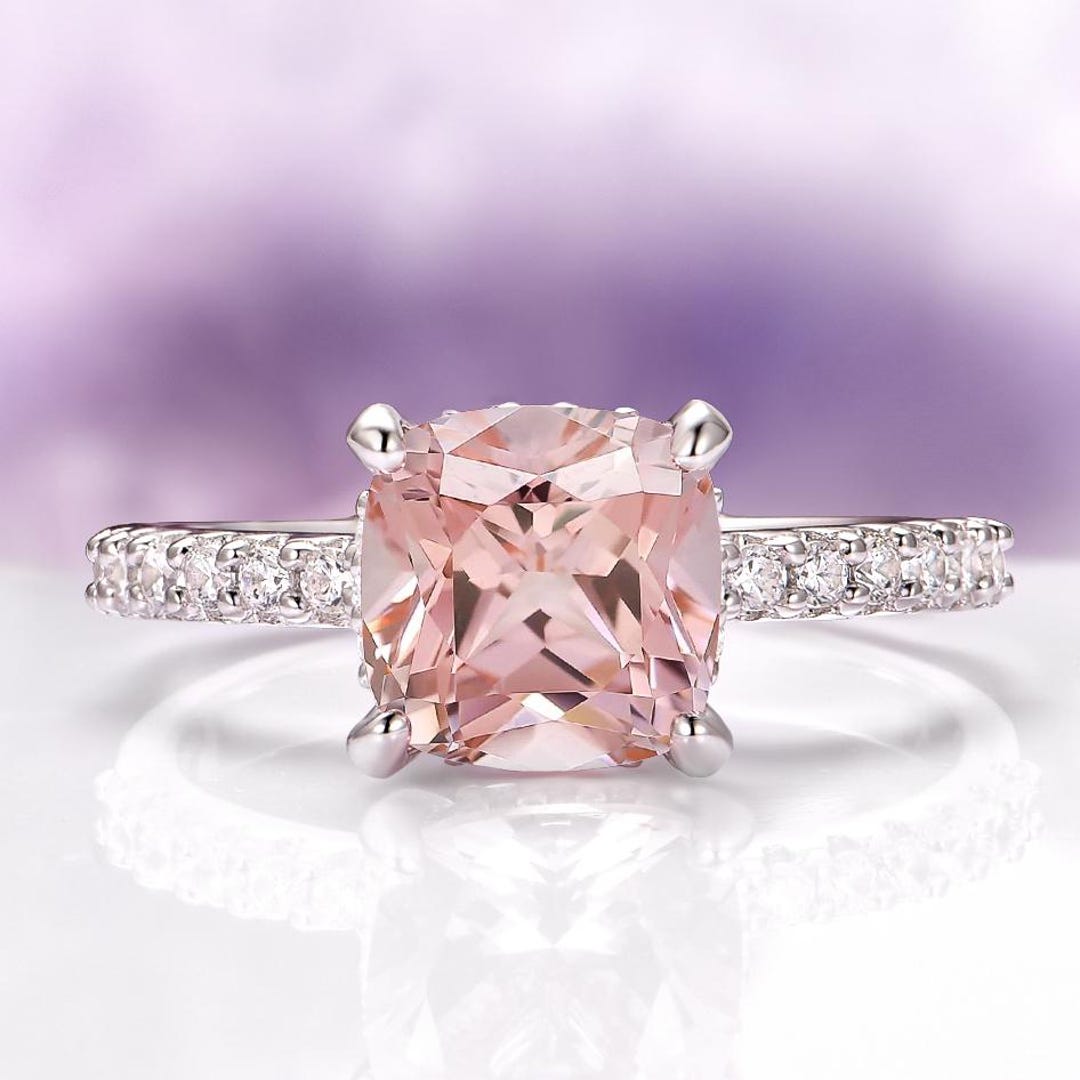 Morganite Engagement Ring in Sterling Silver- Cushion Cut Hidden Halo ...