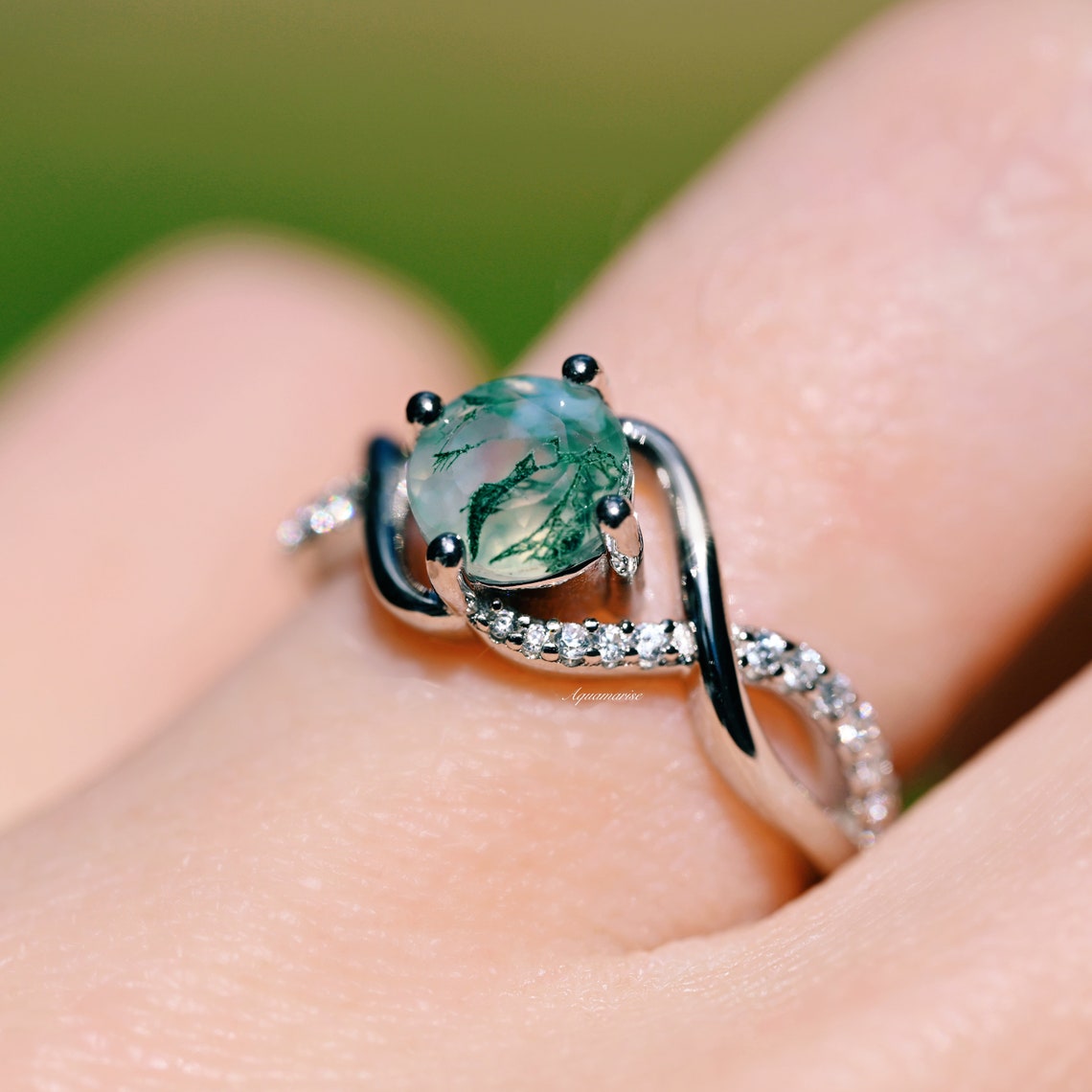 Natural Green Moss Agate Ring Sterling Silver Aquatic Agate - Etsy