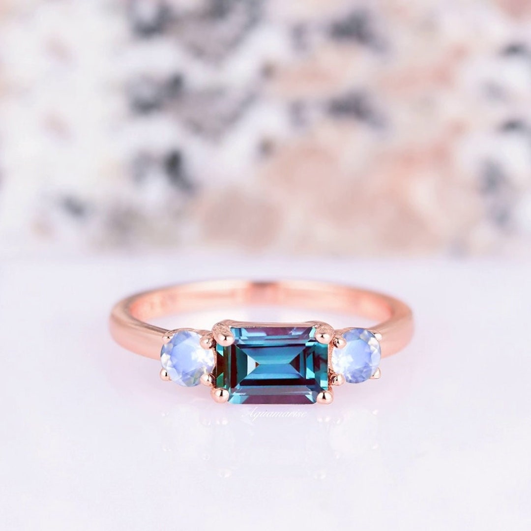 Minimalist Alexandrite & Moonstone Ring for Woman- 14K Rose Gold ...