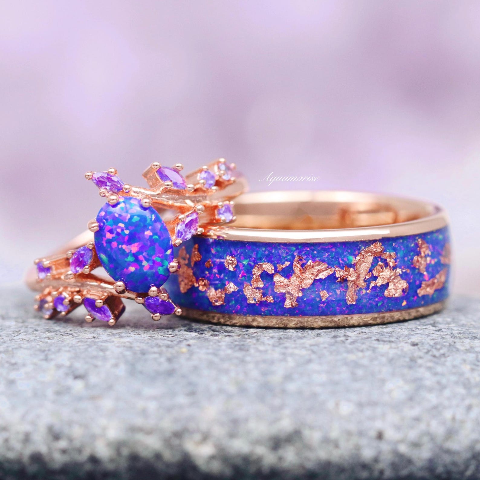 Starry Night Van Gogh Fire Opal Couples Ring Set- His and Hers Matching ...