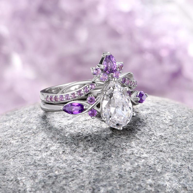 Feyra Amethyst & Diamond Engagement Ring Set- 925 Sterling Silver Leaf ...