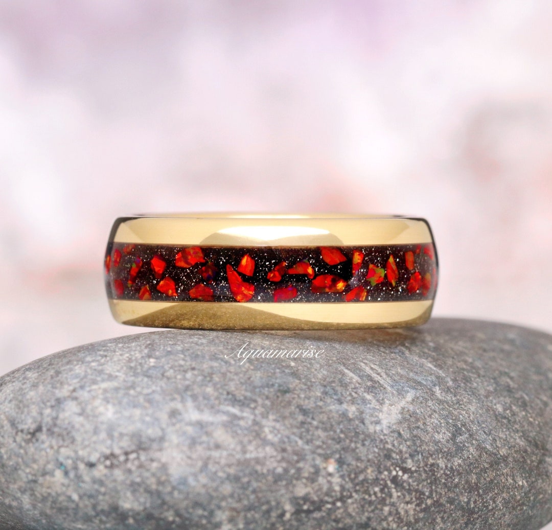 Red Fire Opal & Galaxy Sandstone Men's Wedding Band Crushed Red Nebula ...