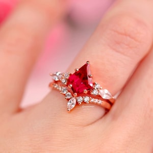 Skye Rose Gold Ruby Leaf Couples Ring Set- His and Hers Matching Wedding Band Red Ruby & Black ...