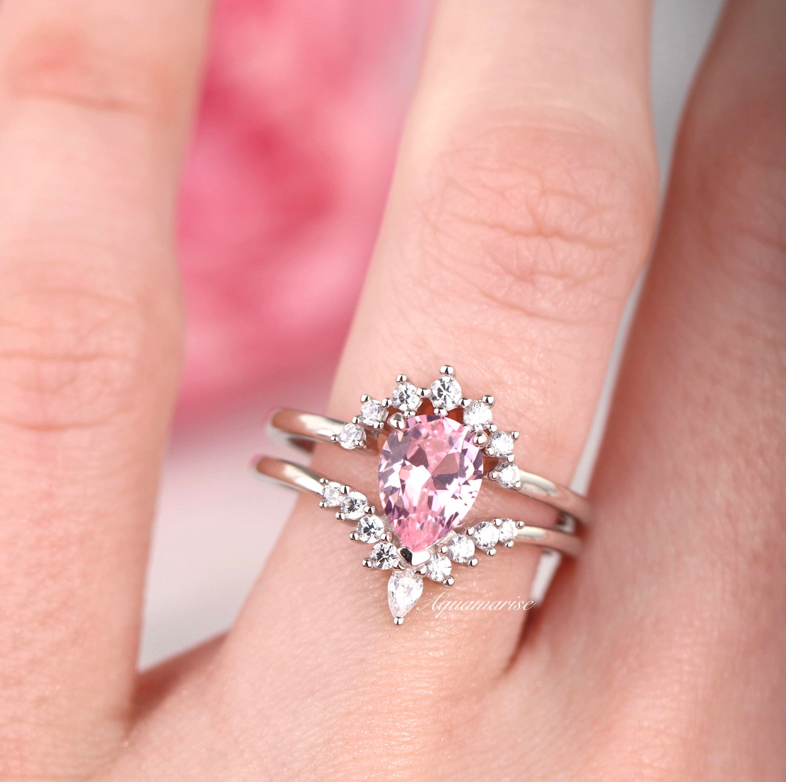 Teardrop Pink Tourmaline Ring Set Sterling Silver Unique - Etsy