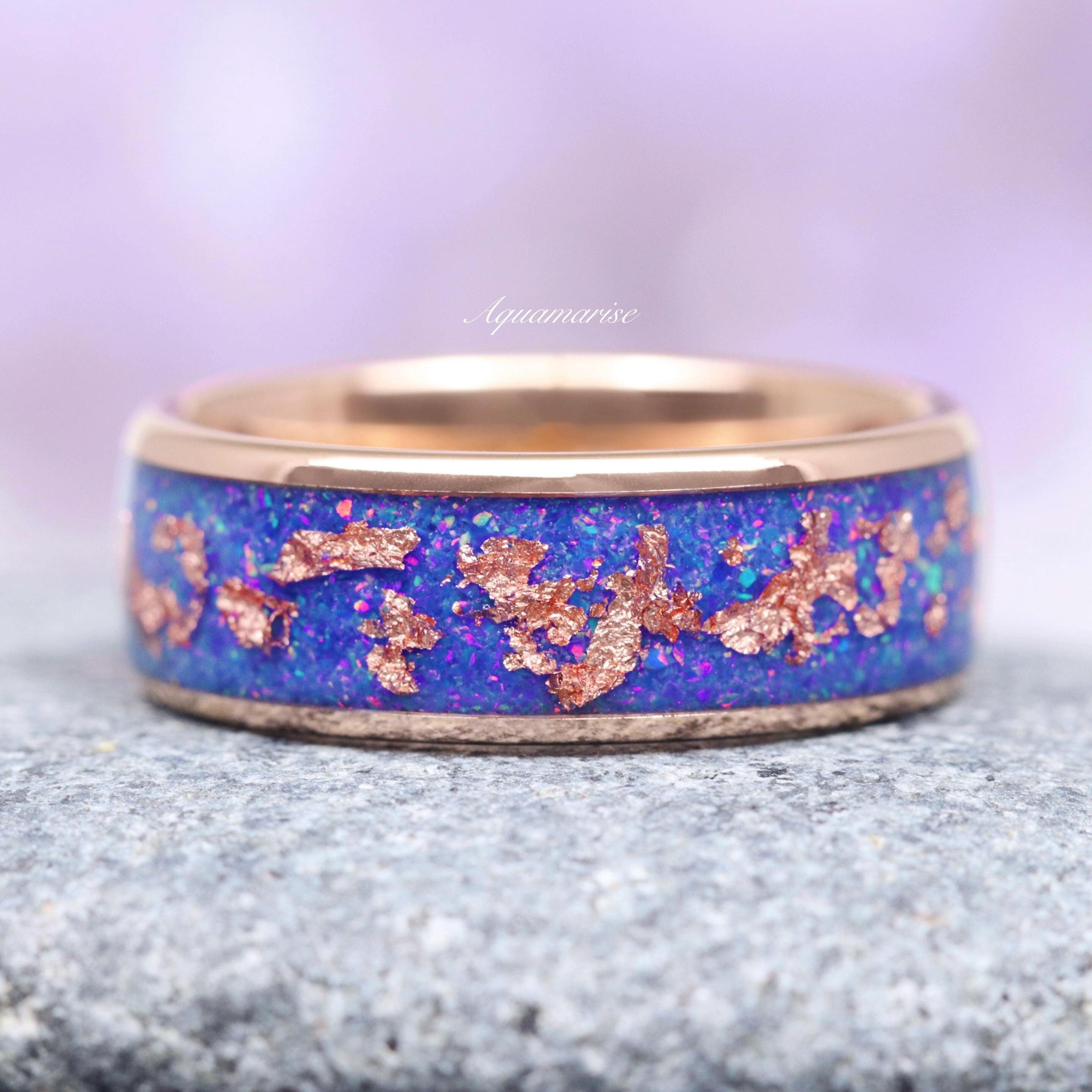 Starry Night Van Gogh Fire Opal Ring- Rose Gold Tungsten Men's Wedding ...