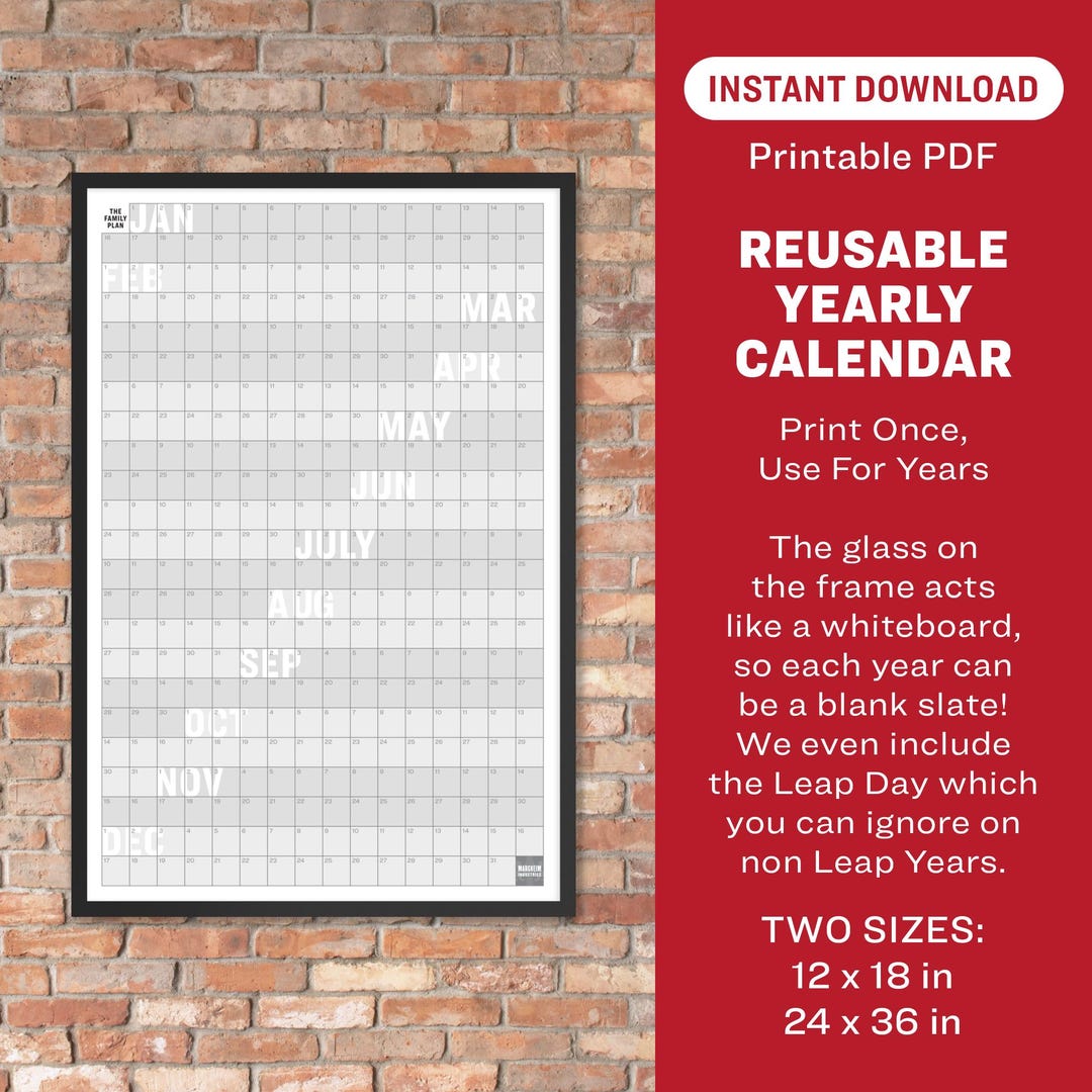 Yearly Calendar, 365 Day Calendar, Wall Calendar, Calendar Poster ...
