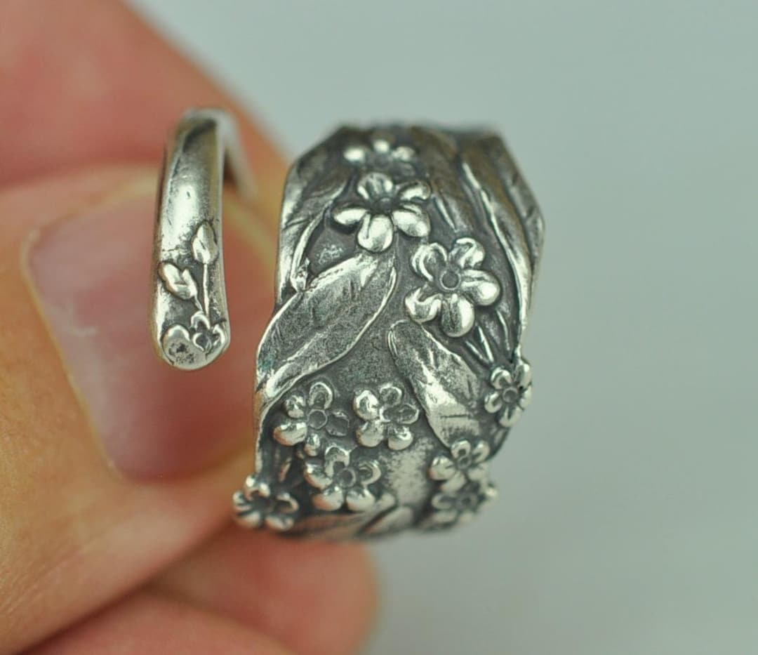Solid 925 Sterling Silver Forget-me-not Flower Floral Adjustable Spoon ...