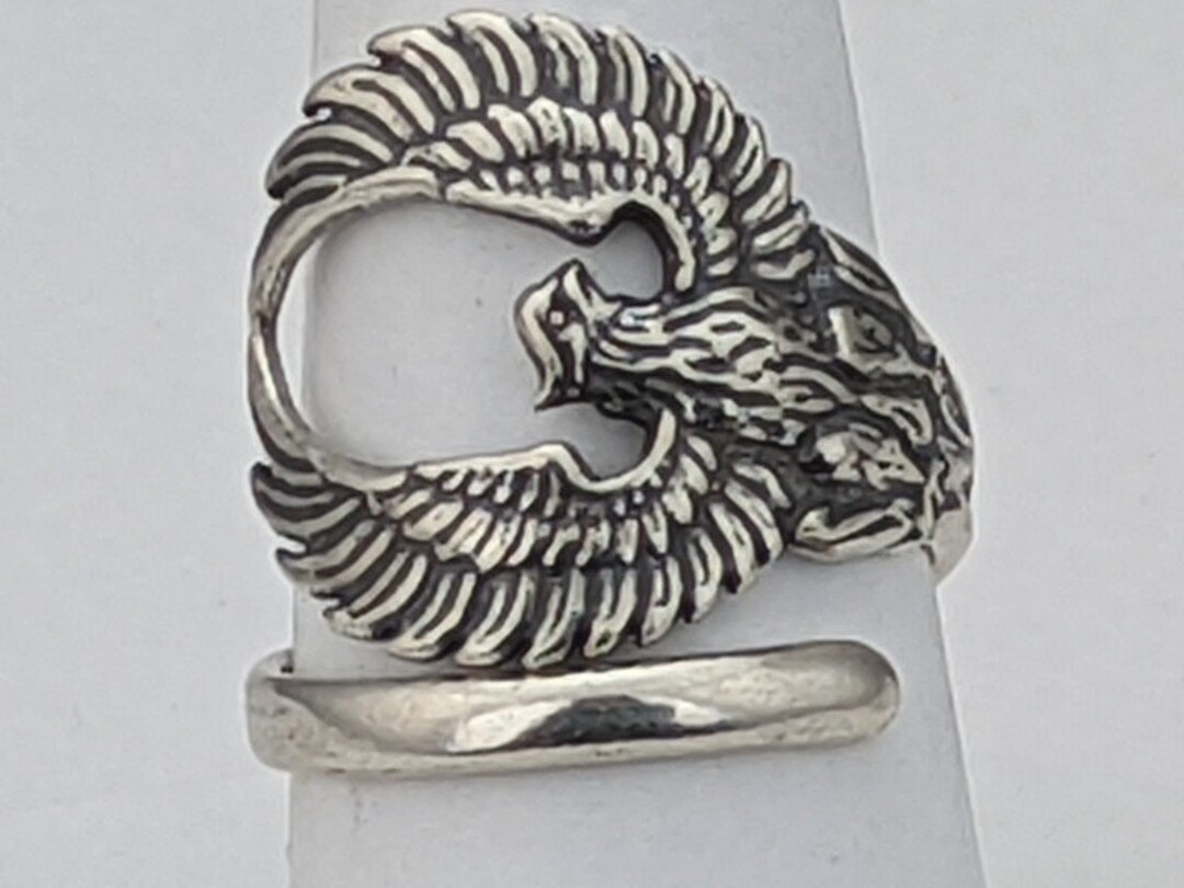 Solid 925 Sterling Silver Immortal Fire Phoenix Adjustable Spoon Ring ...