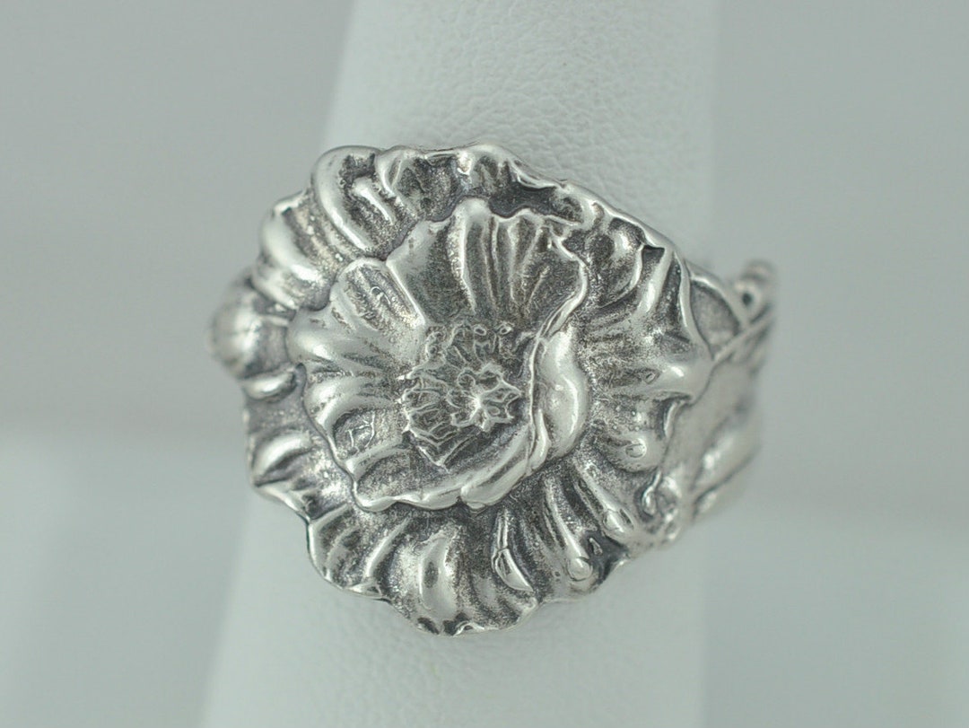 Solid 925 Sterling Silver Large Poppy Flower Floral Adjustable Spoon ...